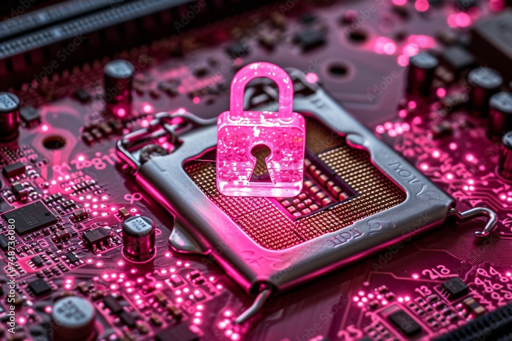 Cybersecurity Concept with Glowing Pink Padlock on Computer Motherboard ...