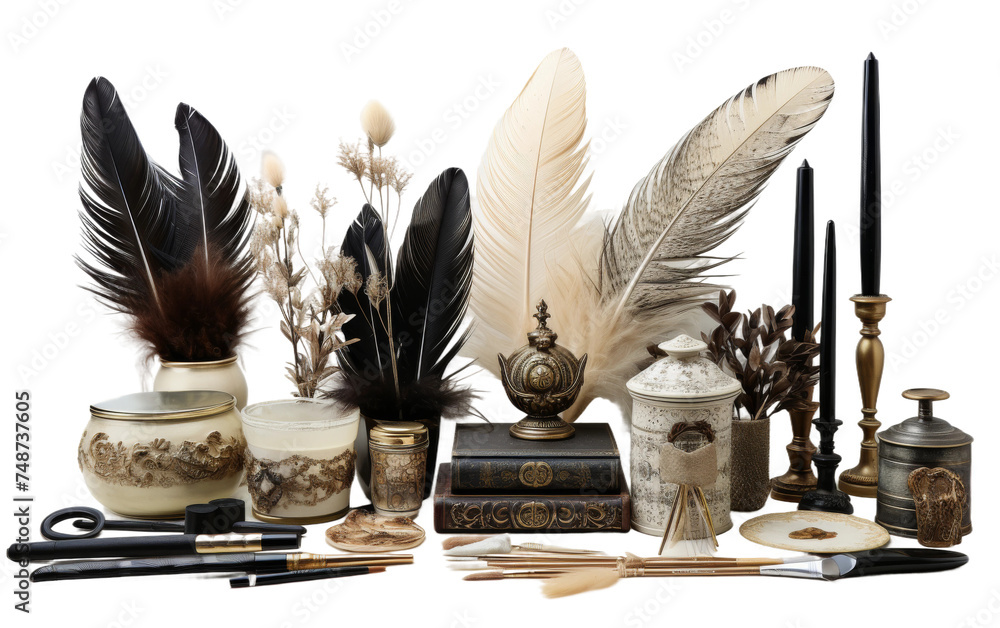 Antique Quill Pens and Inkwells Collection on transparent background ...