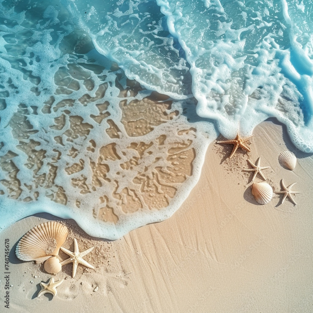 Sea coast with sand, ocean wave, shells and star fish on tropical ...