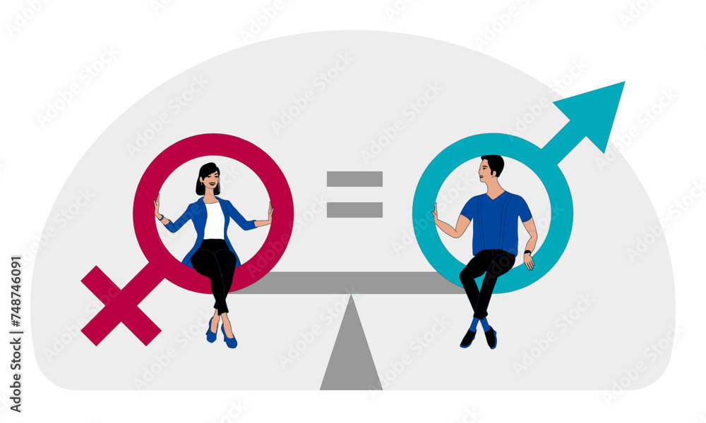 Gender equality concept. men and women character on the scales for ...