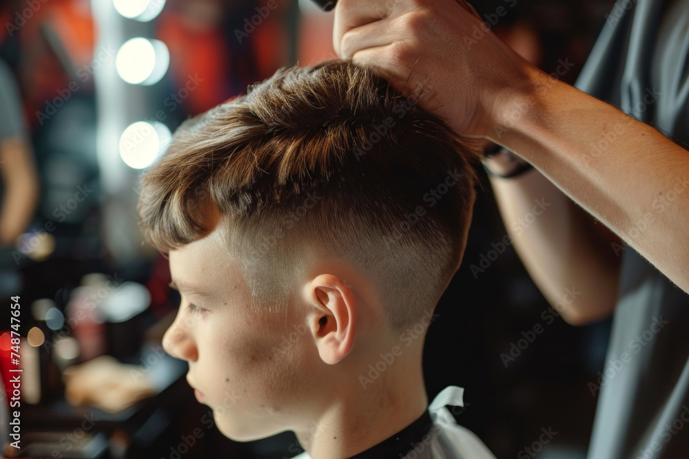 Teenage boy in barber shop. Barber stands by child with new modern ...