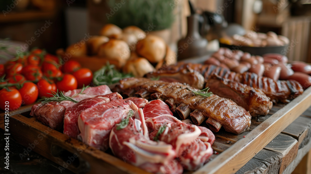succulent selection of meats including ribs, lamb chops, and steak ...