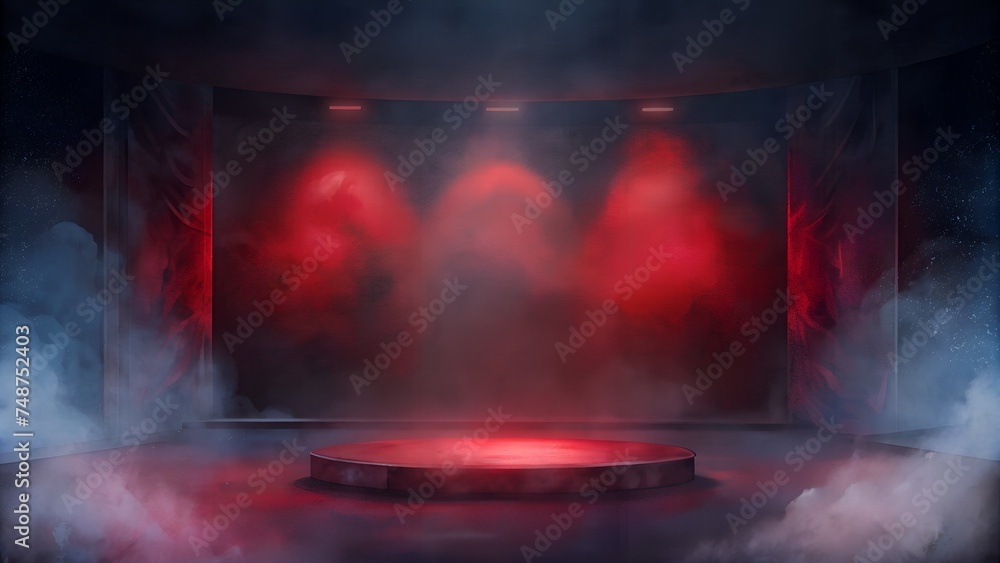 red stage, podium with smoke and fog, neon light. futuristic background ...