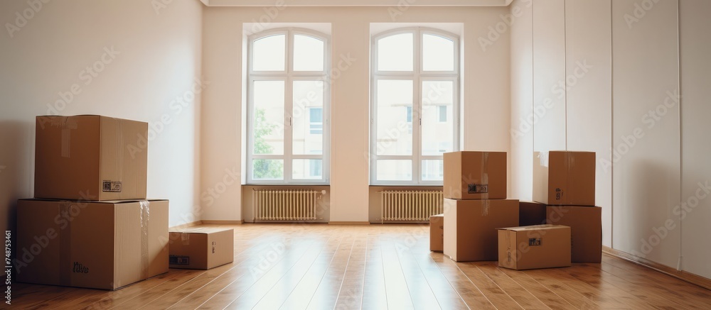 An empty, unfurnished room with a stack of unpacked cardboard moving ...