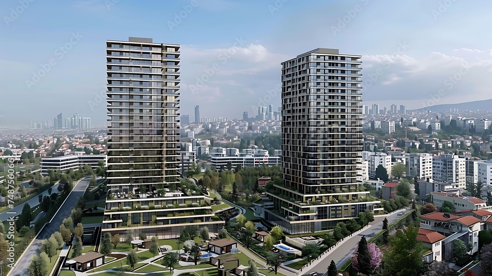 The image is an aerial view of a modern residential complex. The ...