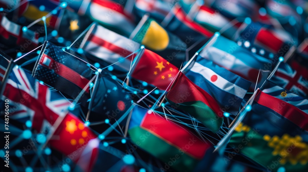 Cross border Regulatory Cooperation: Countries flags interconnected with digital lines ...