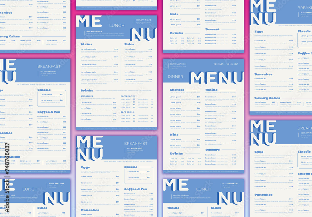 Blue and White Menu with Bold Typography Stock Template | Adobe Stock
