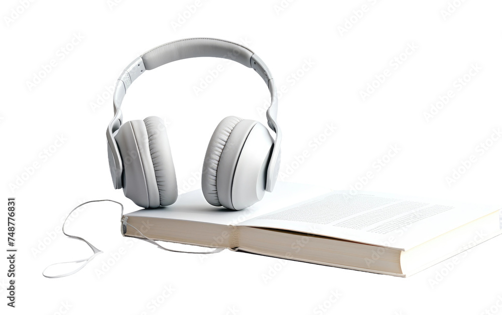 A pair of black headphones is casually placed atop an open book ...
