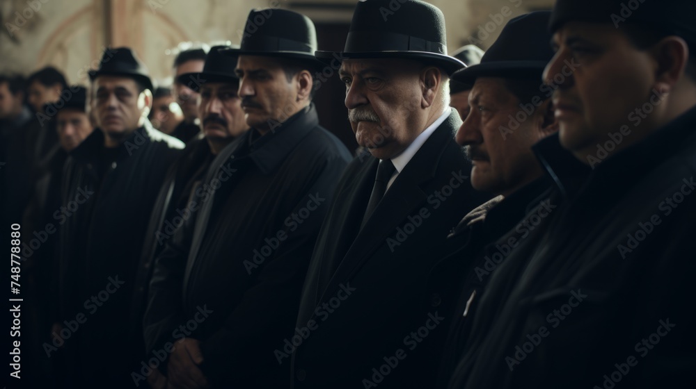 Funeral of a mafia boss. Sad faces. Mourning. People dressed in black ...