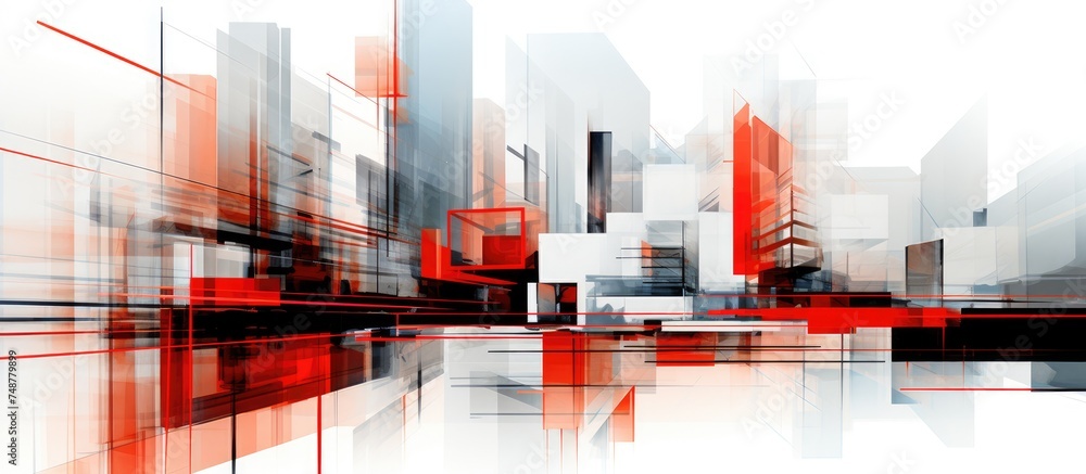 In this abstract cityscape, modern buildings are depicted with bold red ...