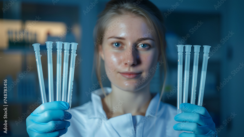 portrait of a young girl laboratory assistant in a white coat with test ...