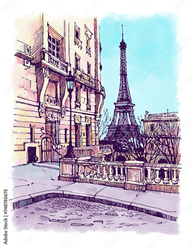 Architecture sketch illustration. An urban colorful landscape of The ...