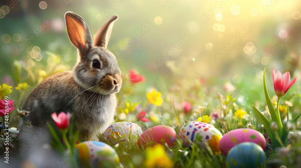 Bunt angemalte Eier Ostereier in einem Nest mit Osterhase echter Hase ...