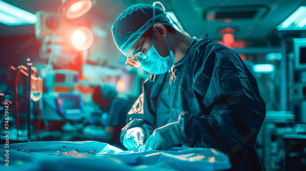 A focused surgeon dons his surgical gown, cap, and gloves while ...