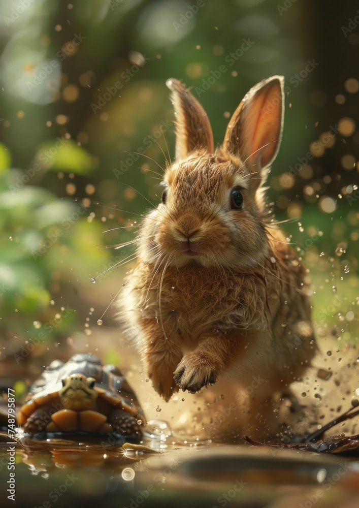 turtle and rabbit race. fairy tale of the rabbit and turtle running ...