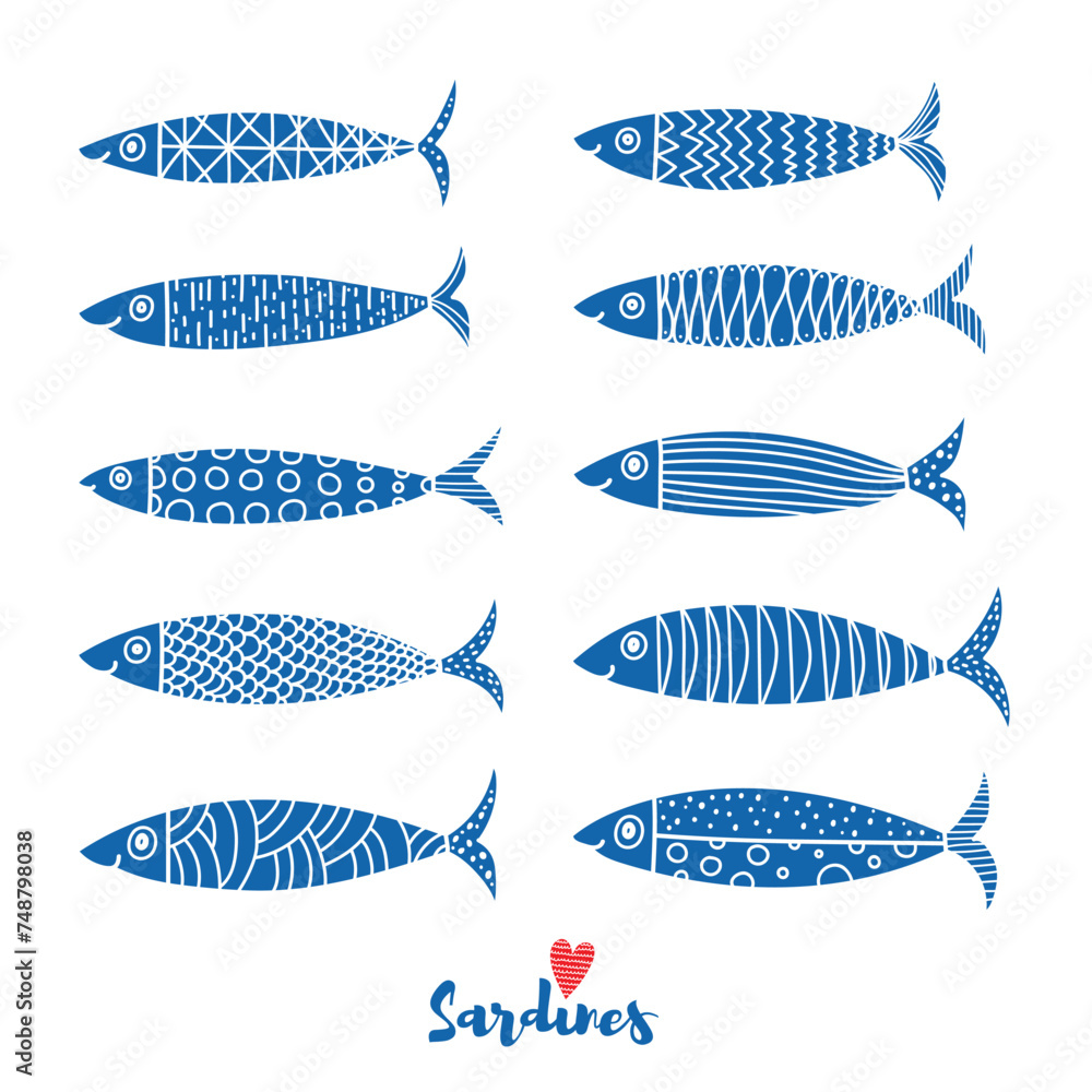 Set, cute collection of cute hand drawn, doodle blue sardines fishes ...
