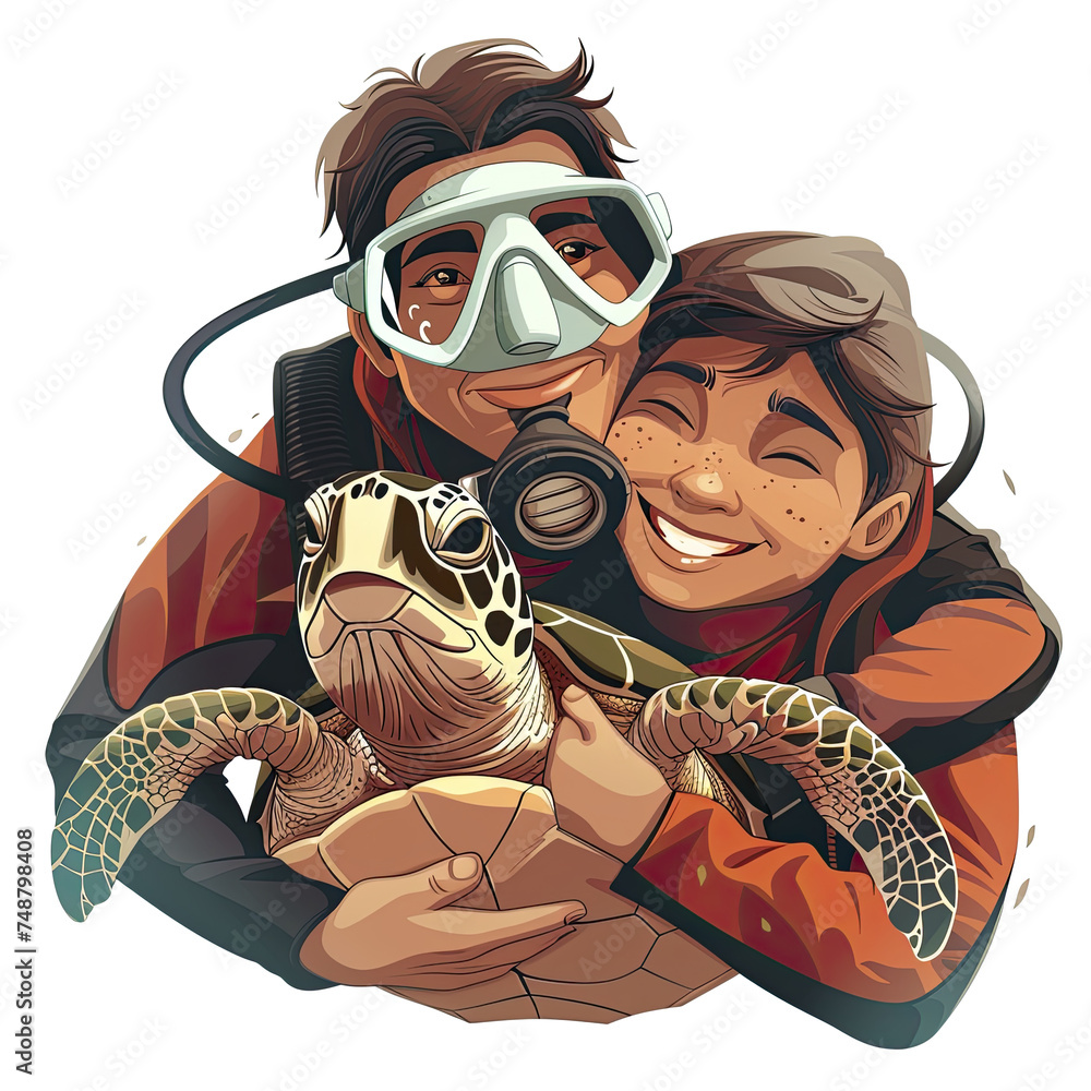 Diver Hug Turtle Sea Cartoon, Isolated Transparent Background Images ...
