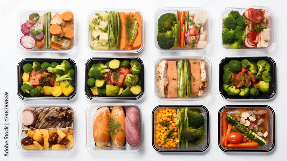 Fruits and vegetables in healthy food boxes Illustration for healthy ...