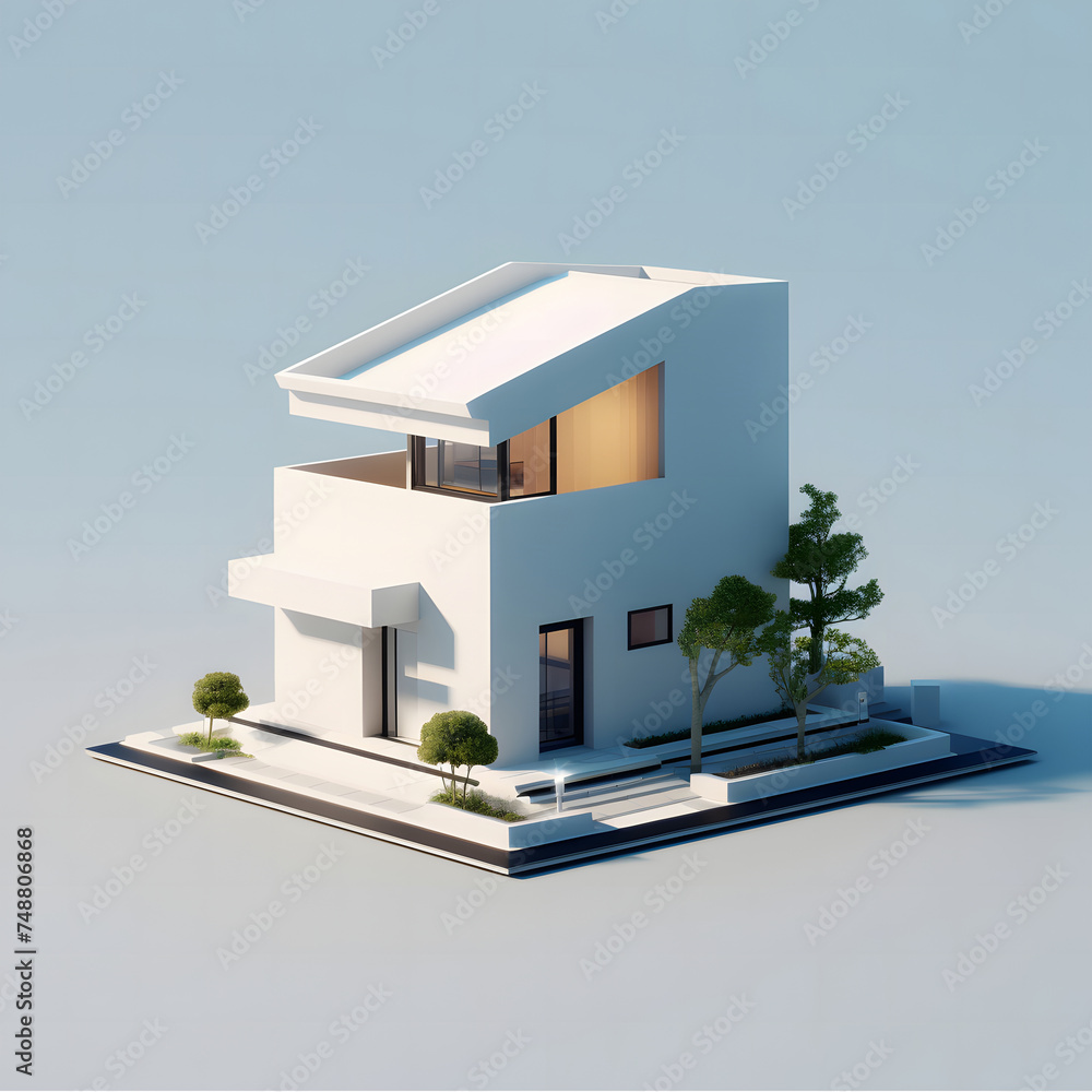 3D model of a modern two-story house. The house features a sleek design ...