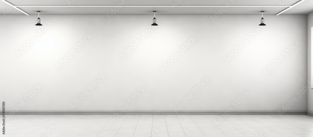 A modern, empty white room with a blank white and grey wall. Three ...