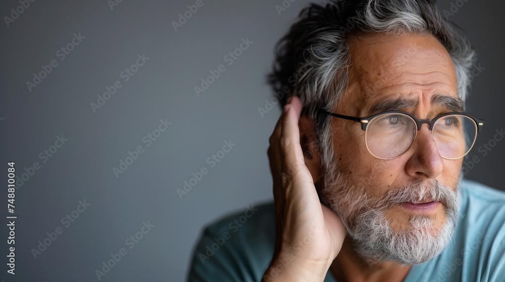 Mature man with glasses and white hair, gestures and worried face ...