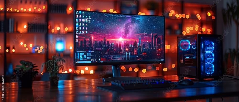 Computer case of a gaming PC with monitor, keyboard, and mouse empty on ...