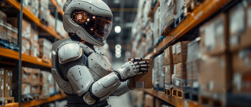 Mechatronic exoskeleton suit on a warehouse worker. Sci-fi concept ...