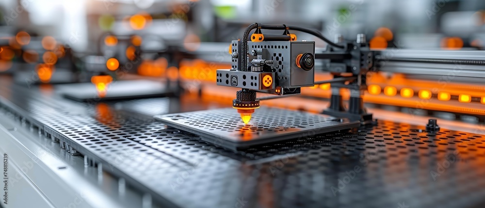 Isometric illustration of 3d printer with laptop on desk with ...