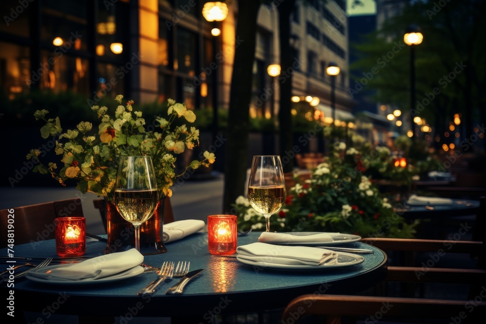 Romantic evening date at urban cafe table with drinks and beautiful ...