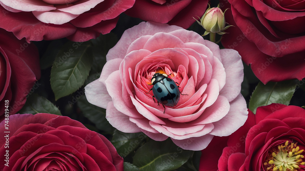 An overhead view of a peaceful garden scene with a ladybug crawling ...