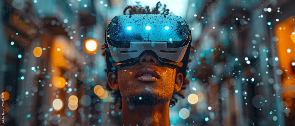 Using a VR device for an immersive experience in a metaverse. Virtual reality, augmented reality ...