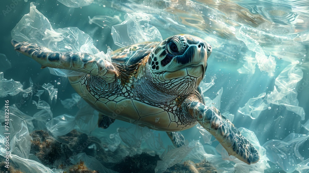 Turtle eats plastic bags - Plastic pollution in the ocean Stock Photo ...
