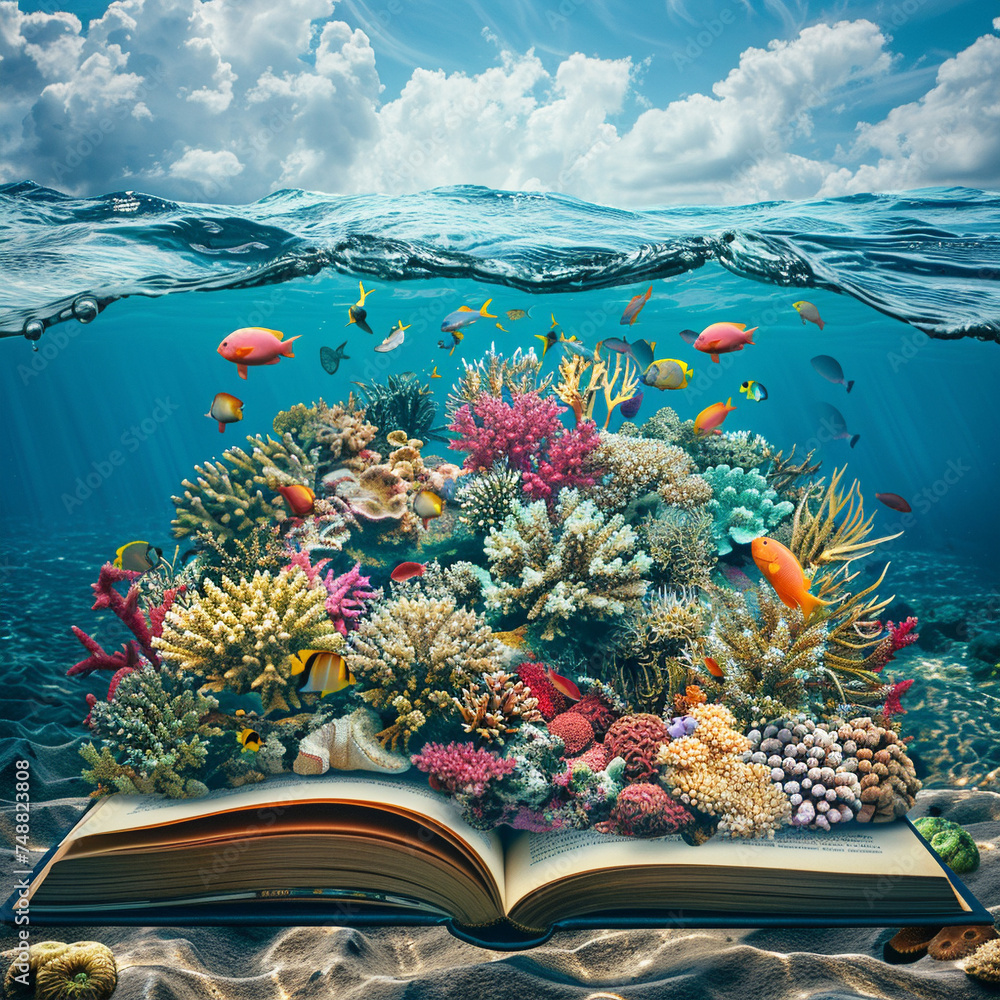 A vibrant coral reef full of life springs forth from the pages of an ...