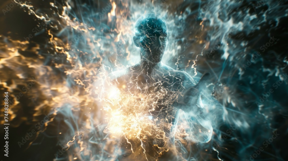 Energetic human silhouette with electric patterns - An intense image of ...