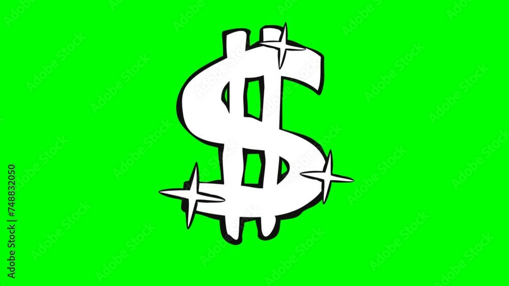 Animation loop of black and white cartoon dollars symbol on green ...