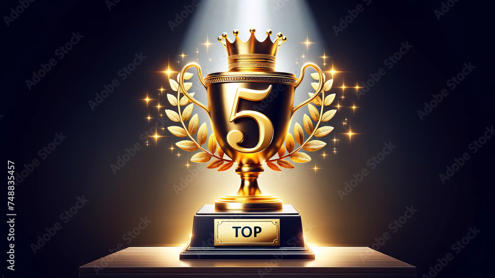 Golden Top 5 Trophy with Crown and Spotlight Highlight Stock Photo ...