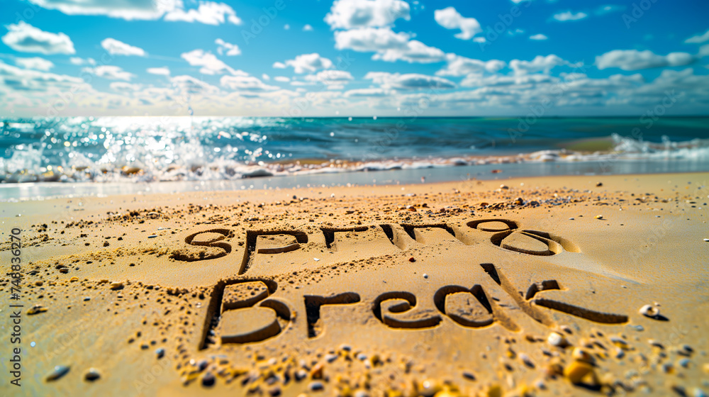 Sandy beach shoreline with Spring Break written in the sand Stock ...