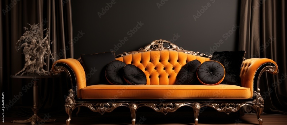 A bright yellow couch is placed in front of a matte black wall ...