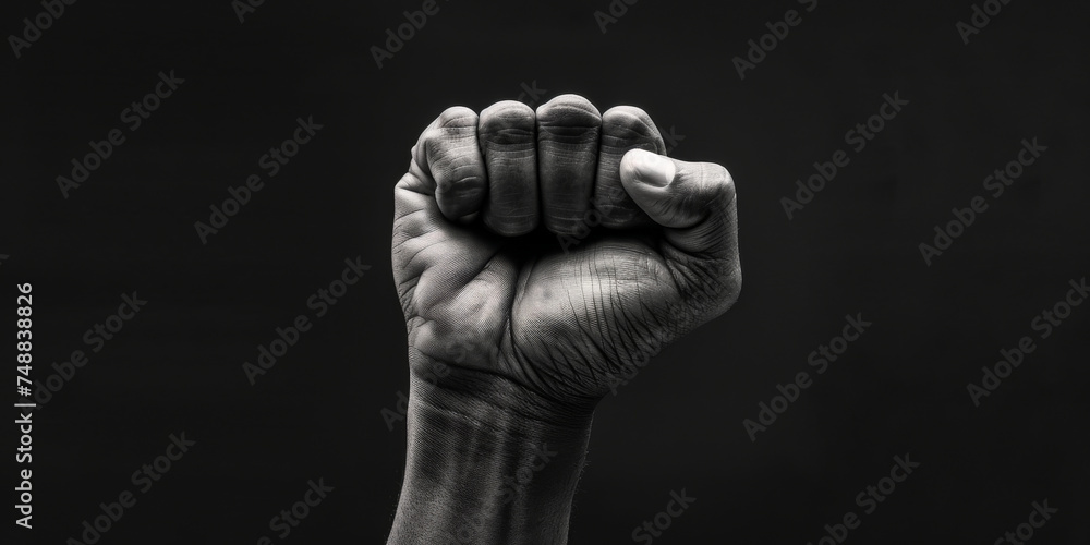 This black and white photo captures a powerful fist clenched tightly ...