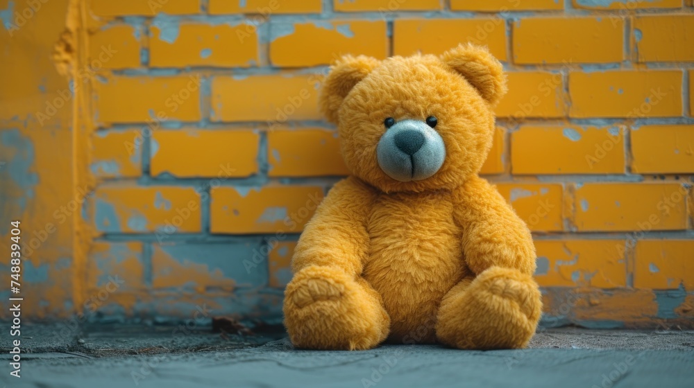 A Teddy Bear Sitting Against a Yellow Wall, The Lonely Teddy Bear ...