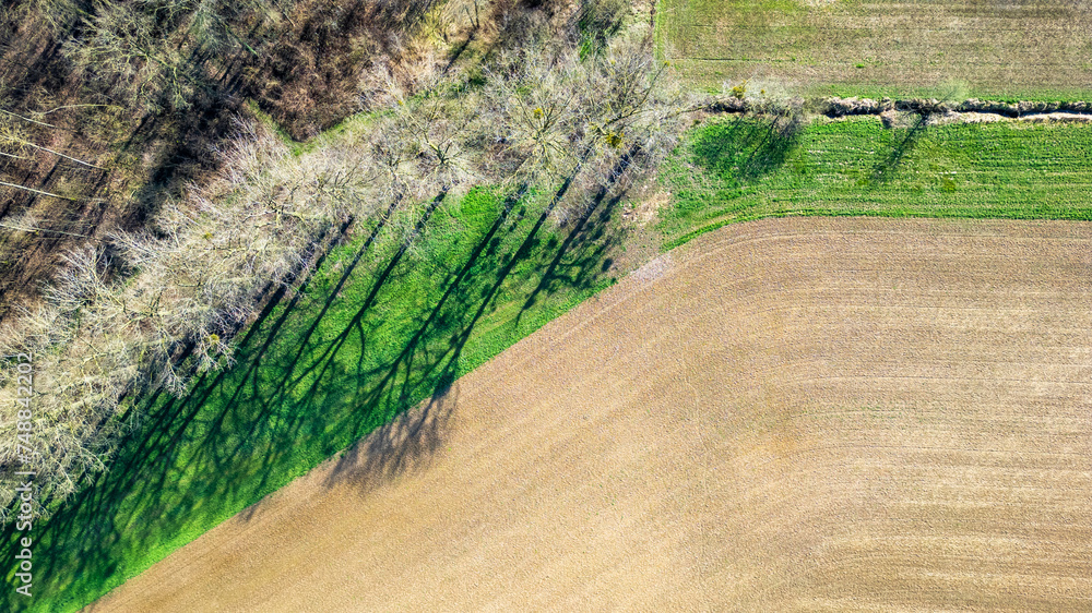 This image captures a top-down aerial view of farmland, showcasing the ...