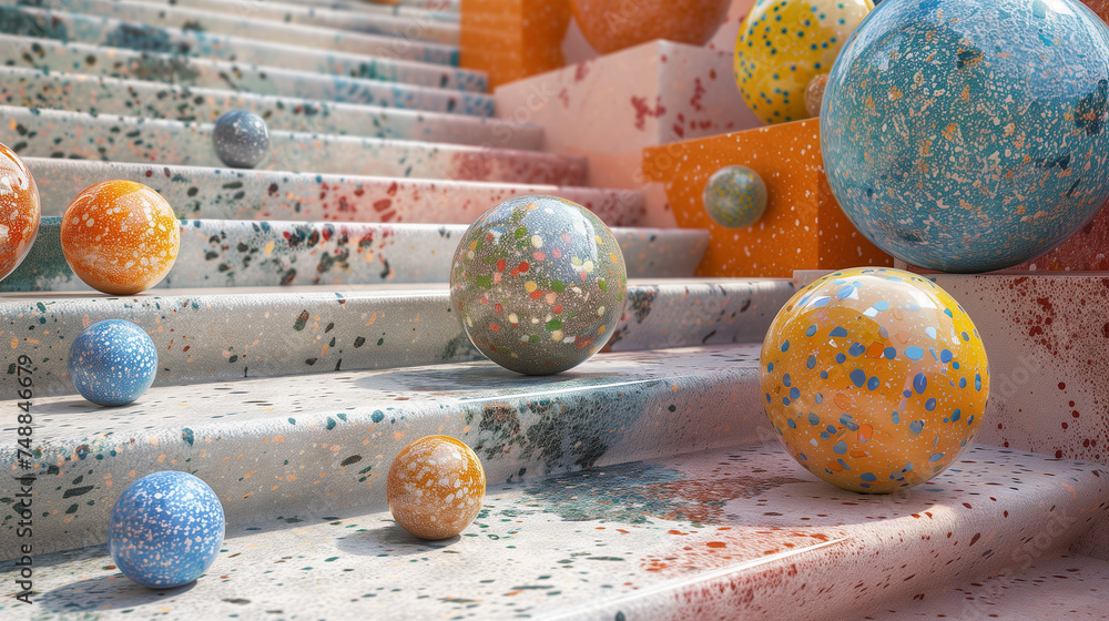 set of terrazzo stairs with spheres on them, the spheres are of ...