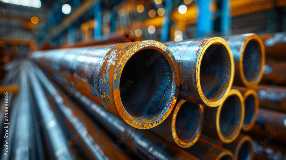 Stack of steel pipes in a metallurgical plant, factory or workshop ...