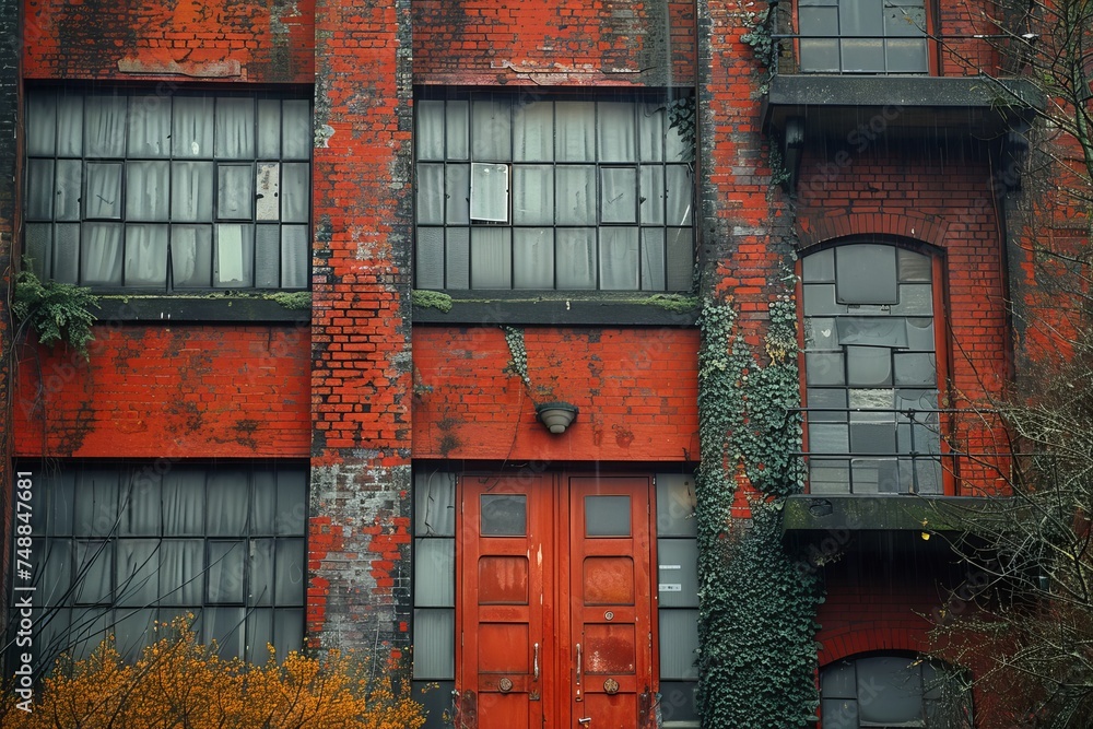 The textured red brick facade of this building is partially consumed by ...