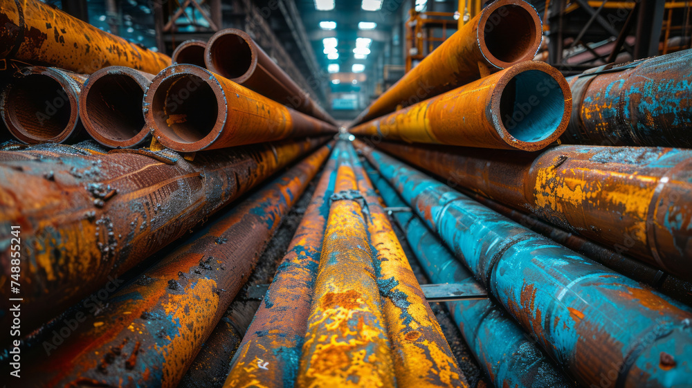 Stack of steel pipes in a metallurgical plant, factory or workshop ...
