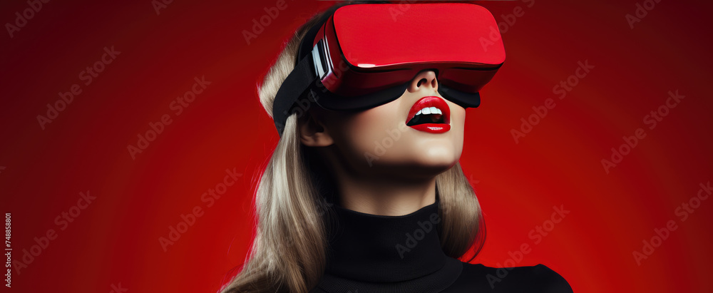 Beautiful woman with flowing hair in red vr glasses of virtual reality ...
