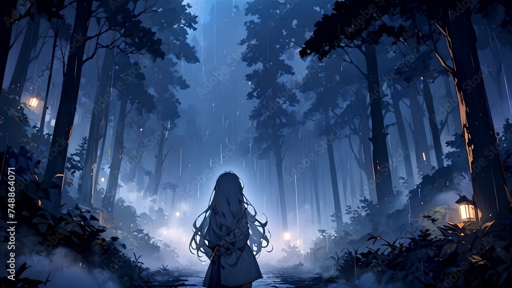 Lonely anime girl against a forest background, fog, illustration, anime ...