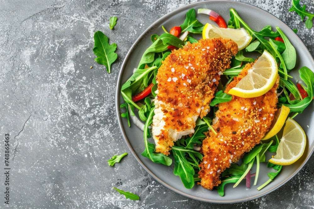Crispy panko breaded fried chicken fillet with green salad and lemon ...