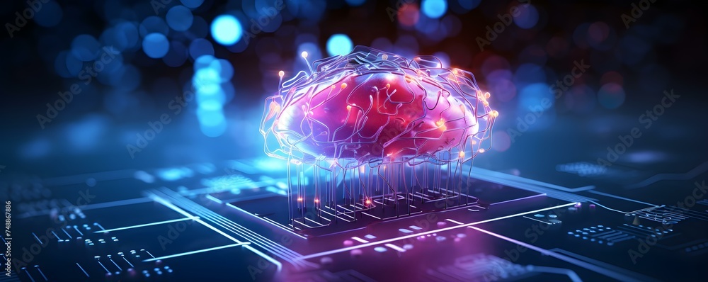 Human brain merging with glowing processor symbolizing AIs blend with human intelligence ...