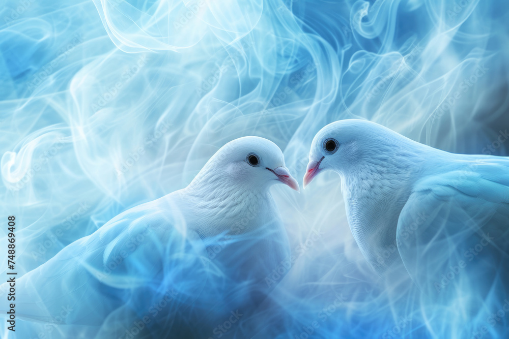 two loving doves, on a blue abstract background with smoke, smooth ...